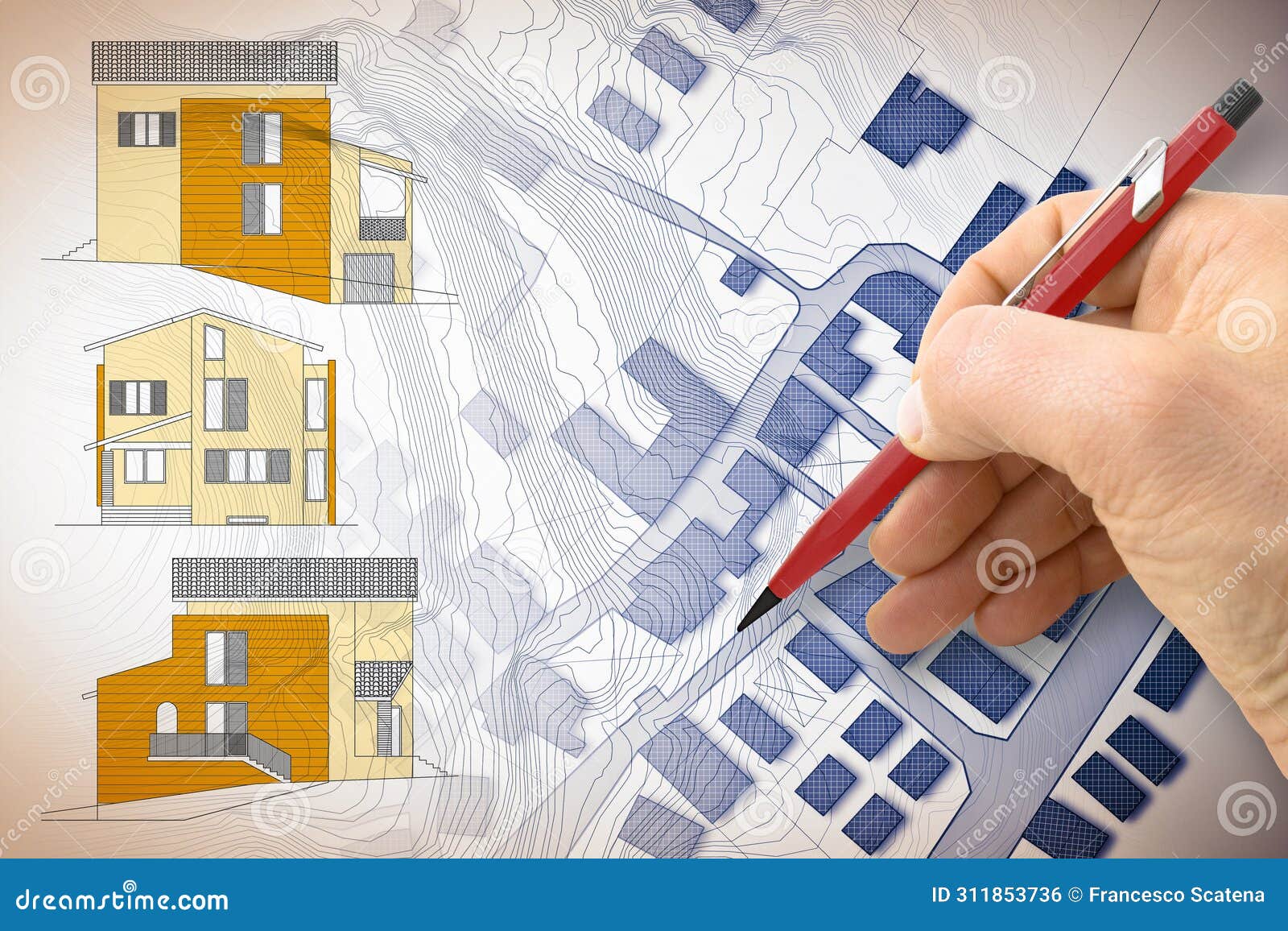 Architect Drawing a New Residential Building Over an Imaginary ...