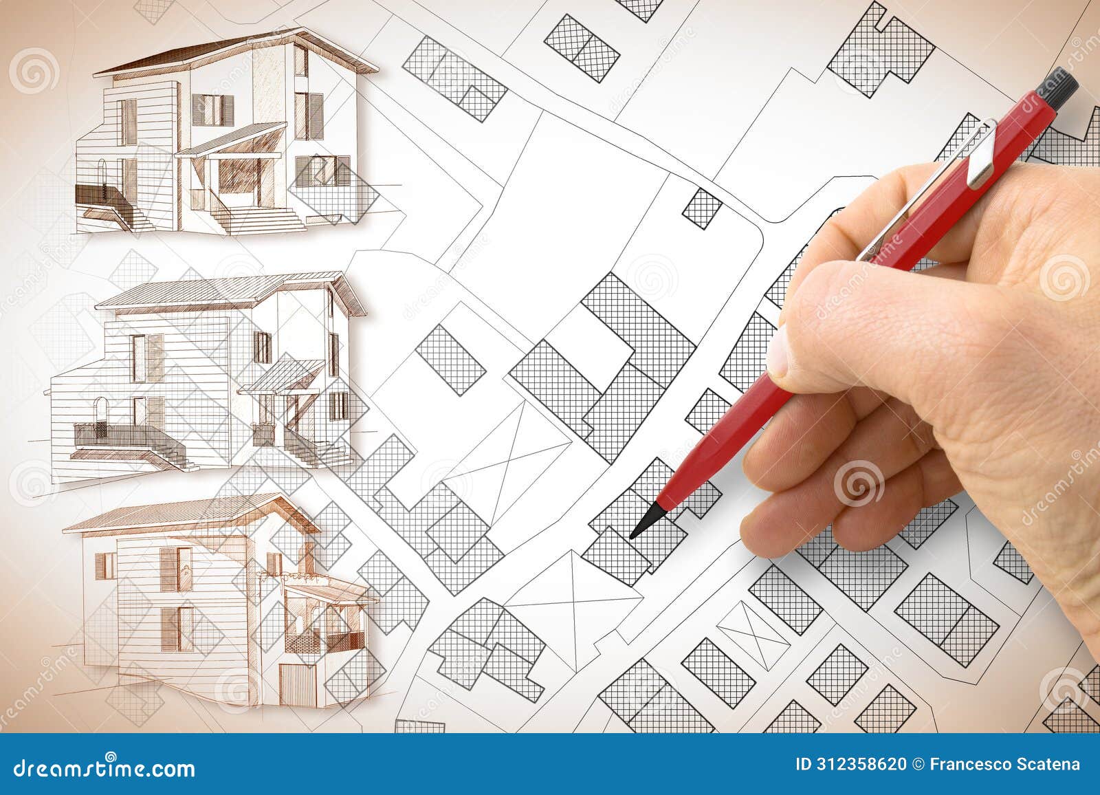 Architect Drawing a New Residential Building Over an Imaginary ...