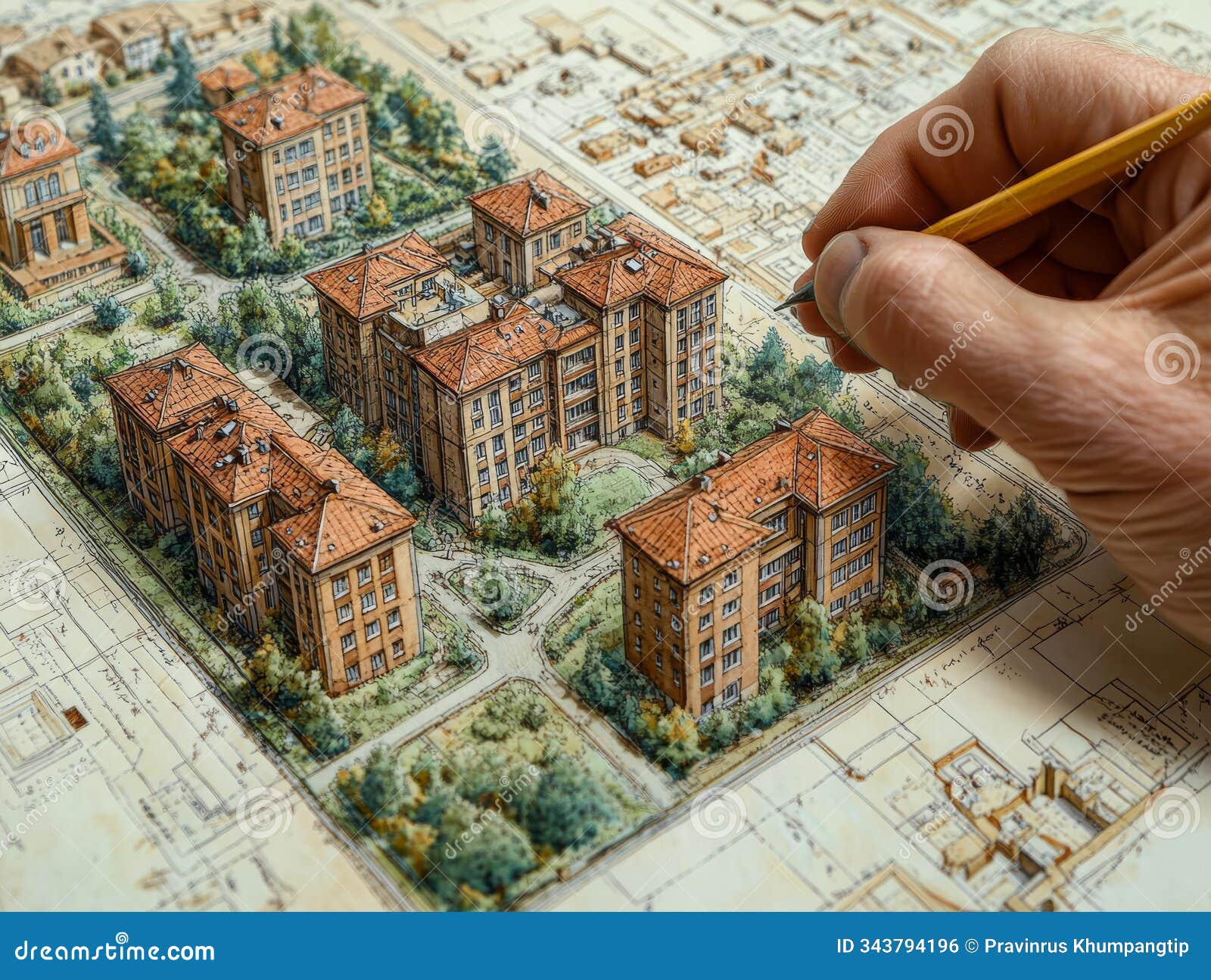 Architect Drawing a New Residential Building Over an Imaginary ...