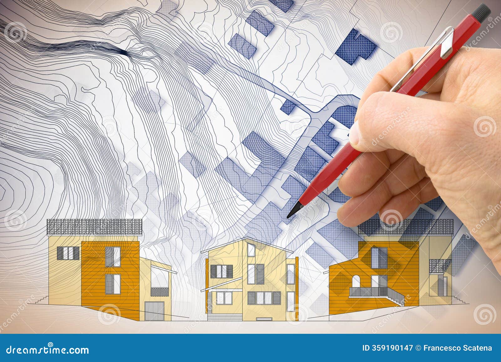 Architect Drawing a New Residential Building Over an Imaginary ...