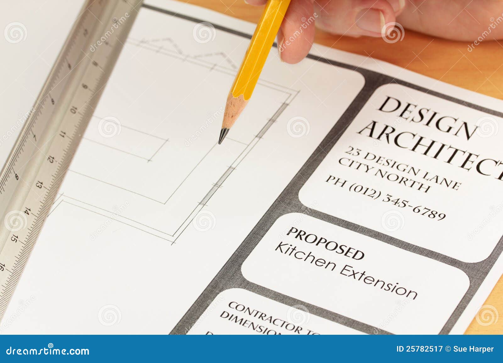 Architect Drawing Blueprints, At Desk In Office, With Pencil Stock ...