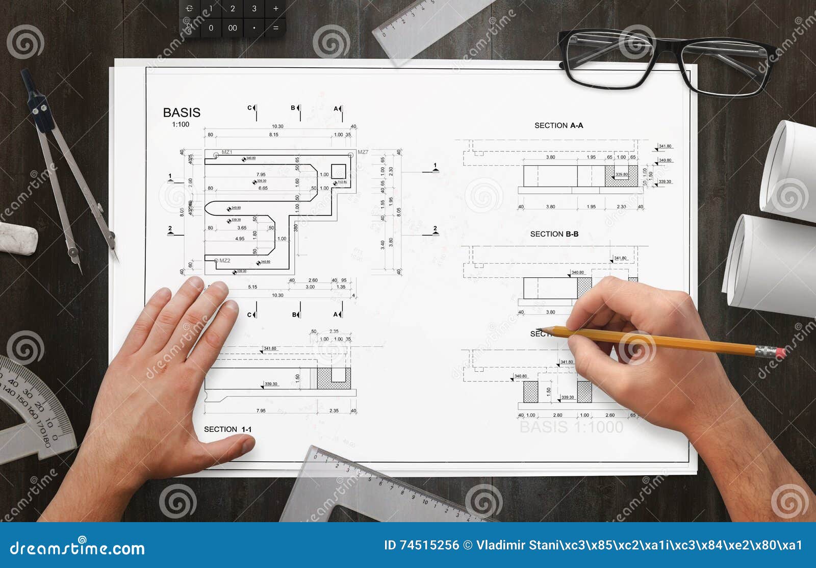 Architect Drawing Project of Business Facility on Work Desk Stock Photo ...