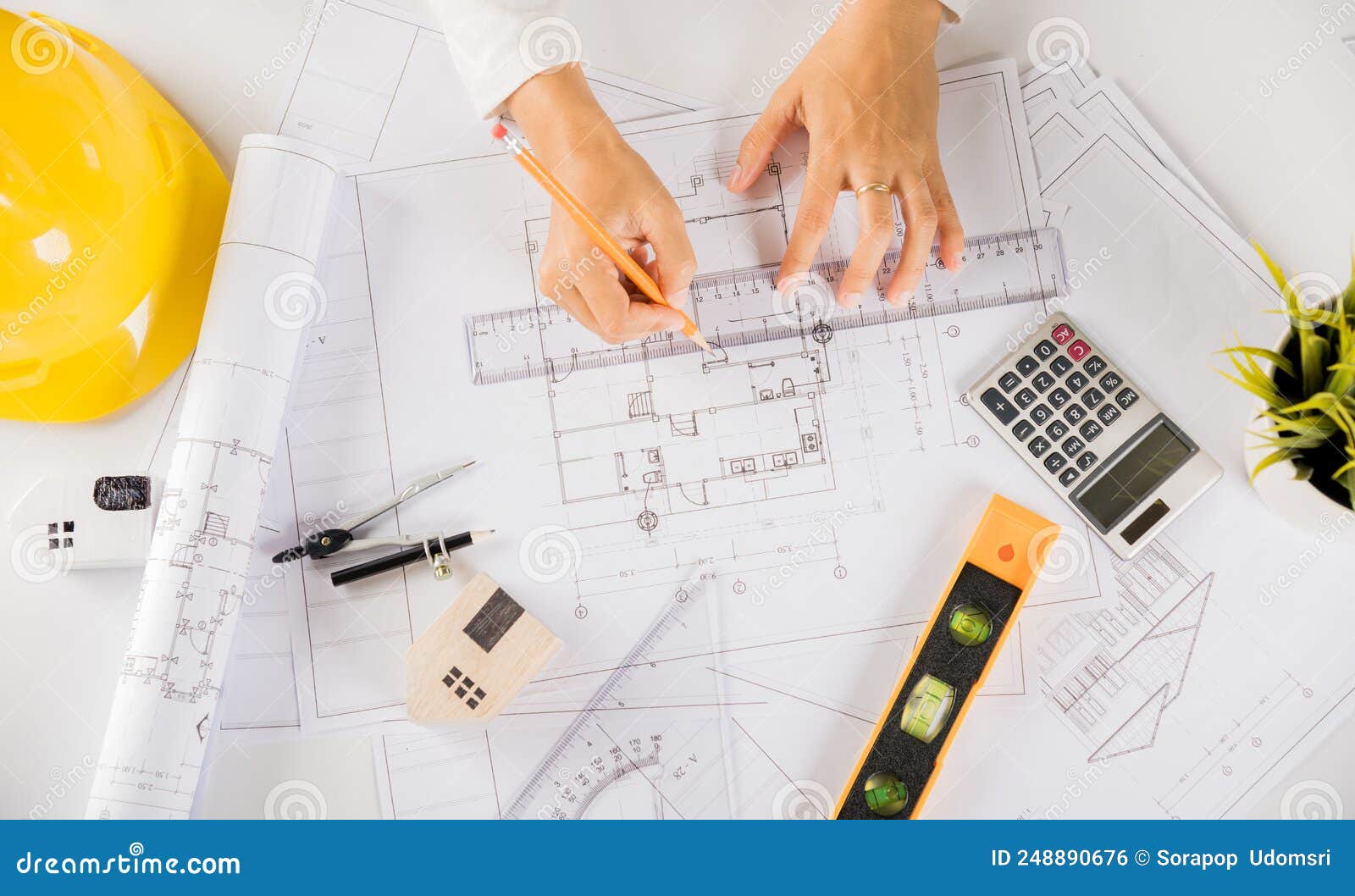 Architect Drawing with Ruler on House Plan Blueprint Paper for Repair ...