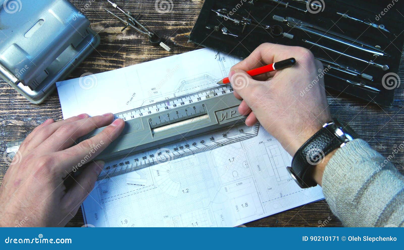 Architect Draws a Draft. Close View Stock Image - Image of plan ...