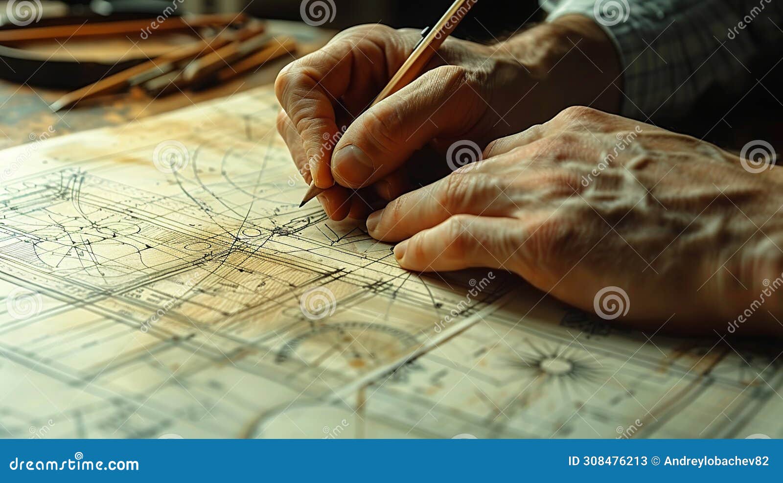 An Architect Draws a Project Plan on the Table. Architect Working on a ...