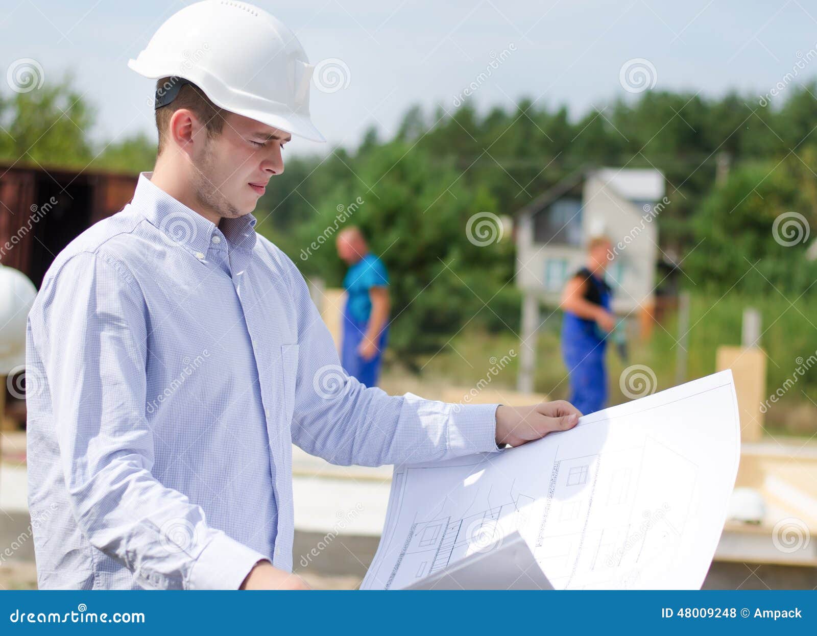 Architect or Engineer Checking Plans on Site Stock Photo - Image of ...