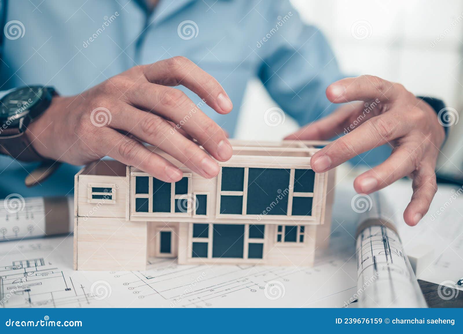 Architect Engineer Design House Model on Blueprint. House Planning ...