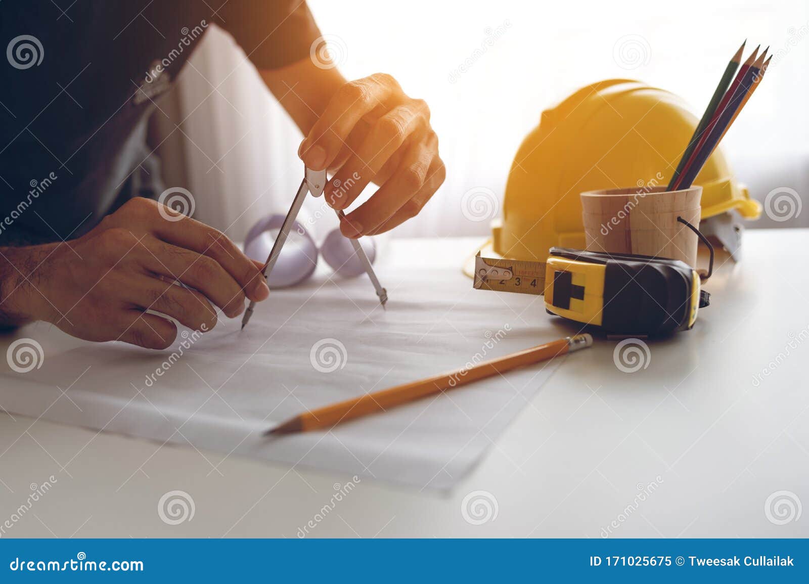 Architect Engineer Design Working at Home Stock Image - Image of helmet ...
