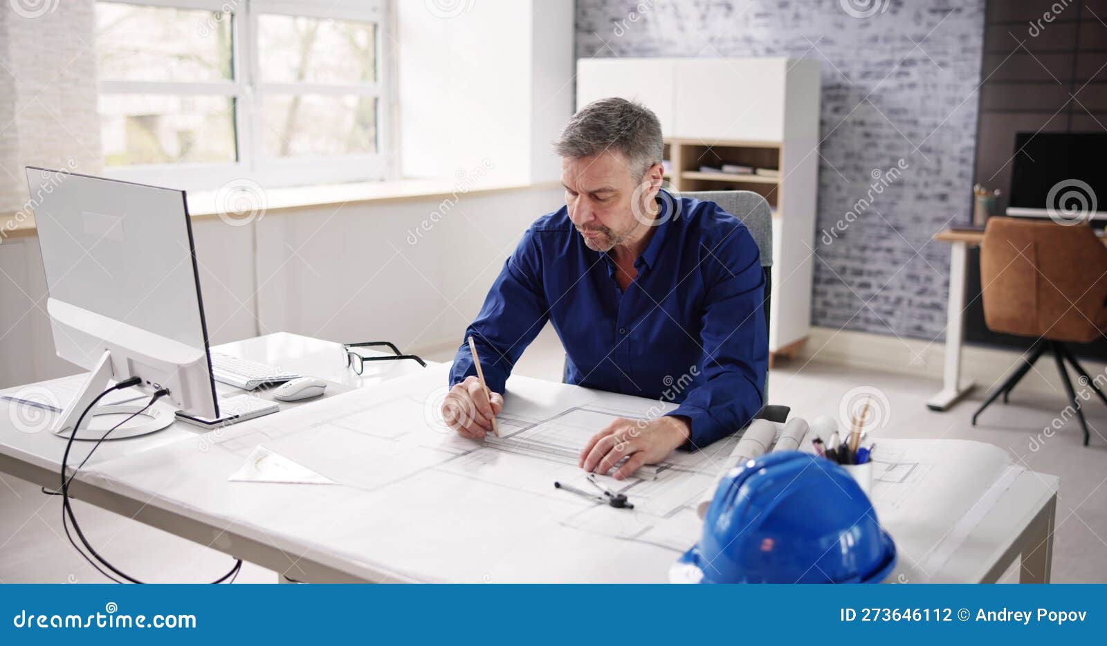 Architect Engineer Drawing Architectural Construction Plan Stock Photo ...