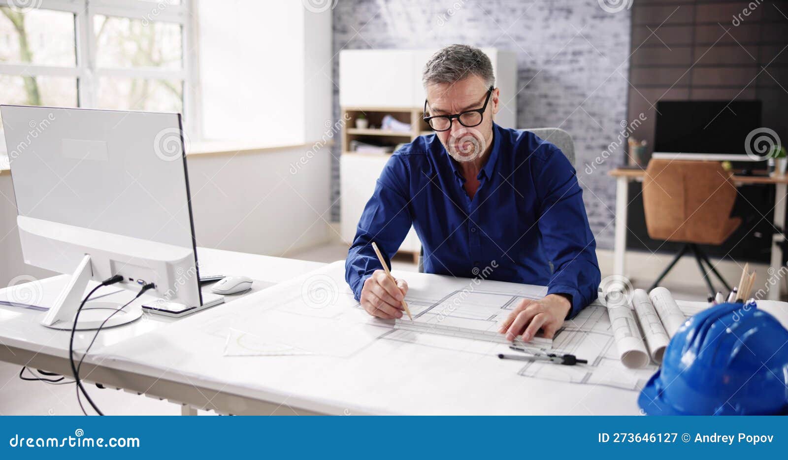 Architect Engineer Drawing Architectural Construction Plan Stock Image ...