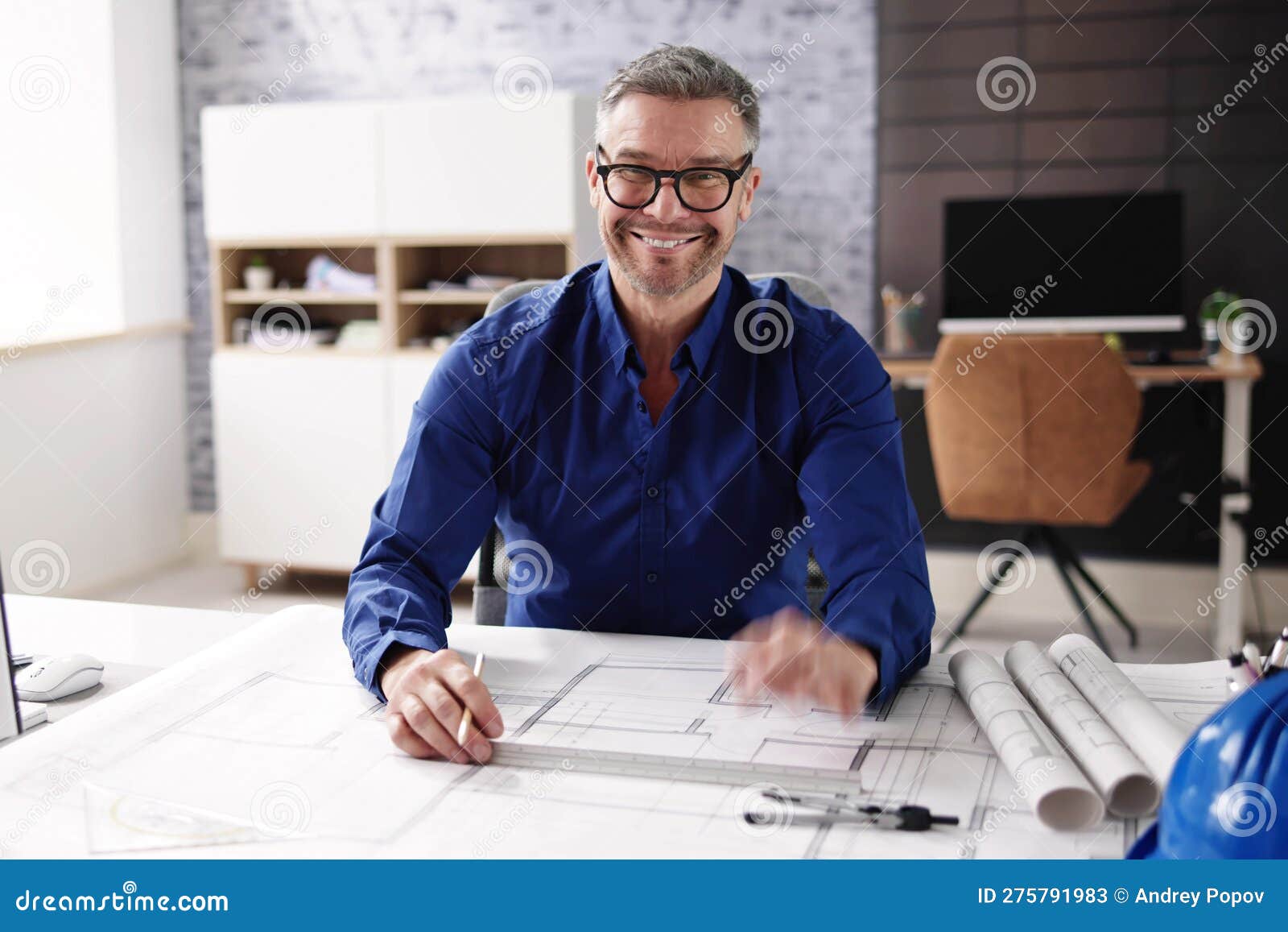 Architect Engineer Drawing Architectural Construction Plan Stock Image ...