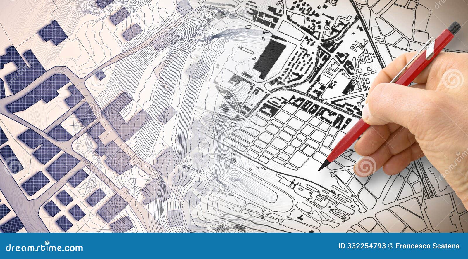 Architect or Engineer Drawing Over an Imaginary City Map of Territory ...