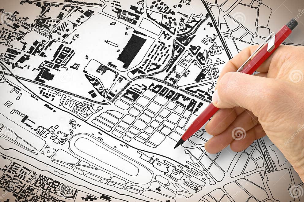 Architect or Engineer Drawing Over an Imaginary City Map of Territory with Buildings, Fields and ...