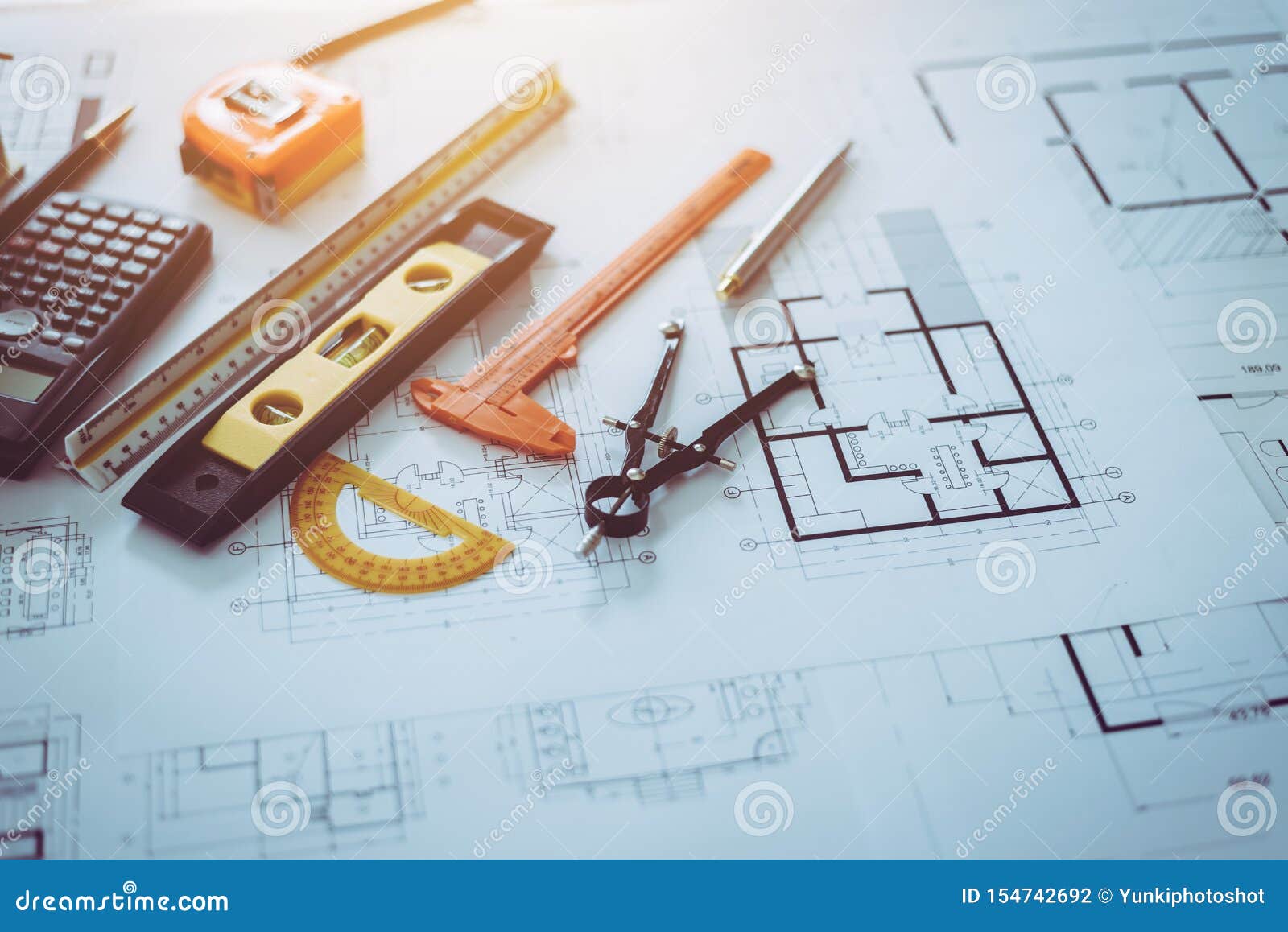 Architect Engineer Drawing Plan Object Put on Table Desk Stock Photo ...