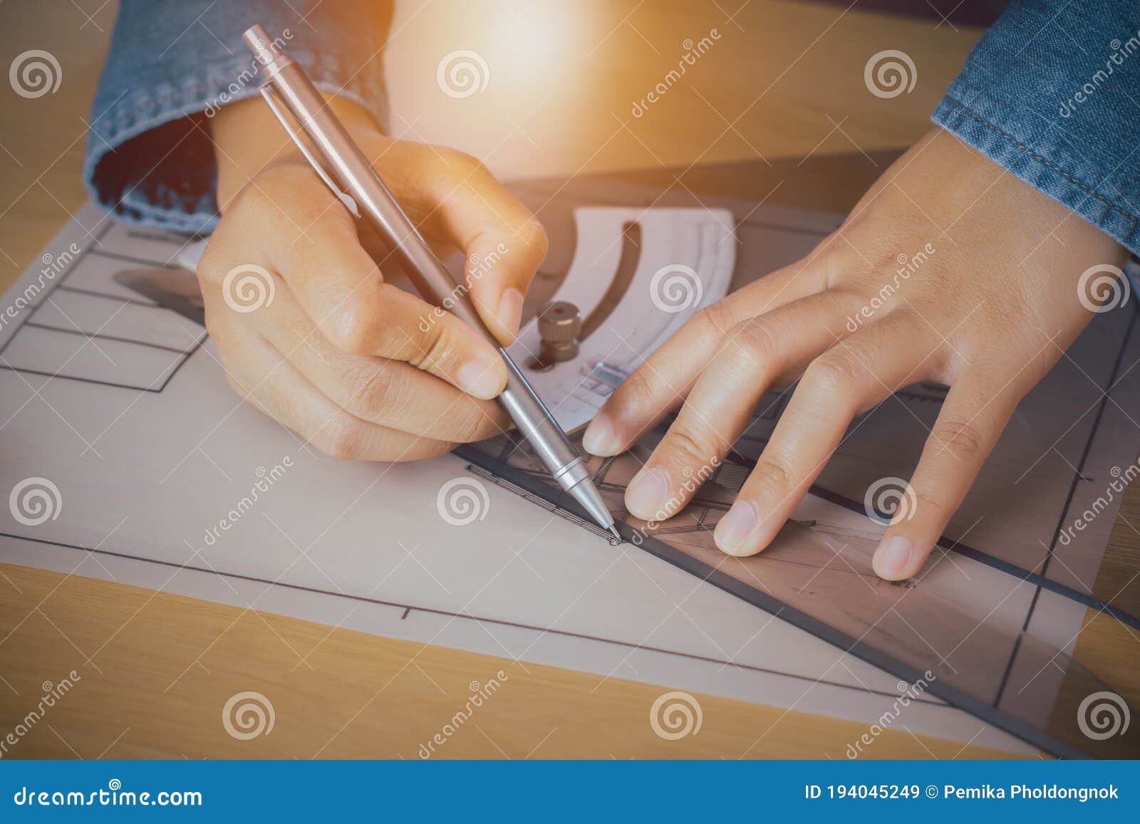 Architect or Engineer Holding a Pen, Measuring with a Triangular Ruler ...