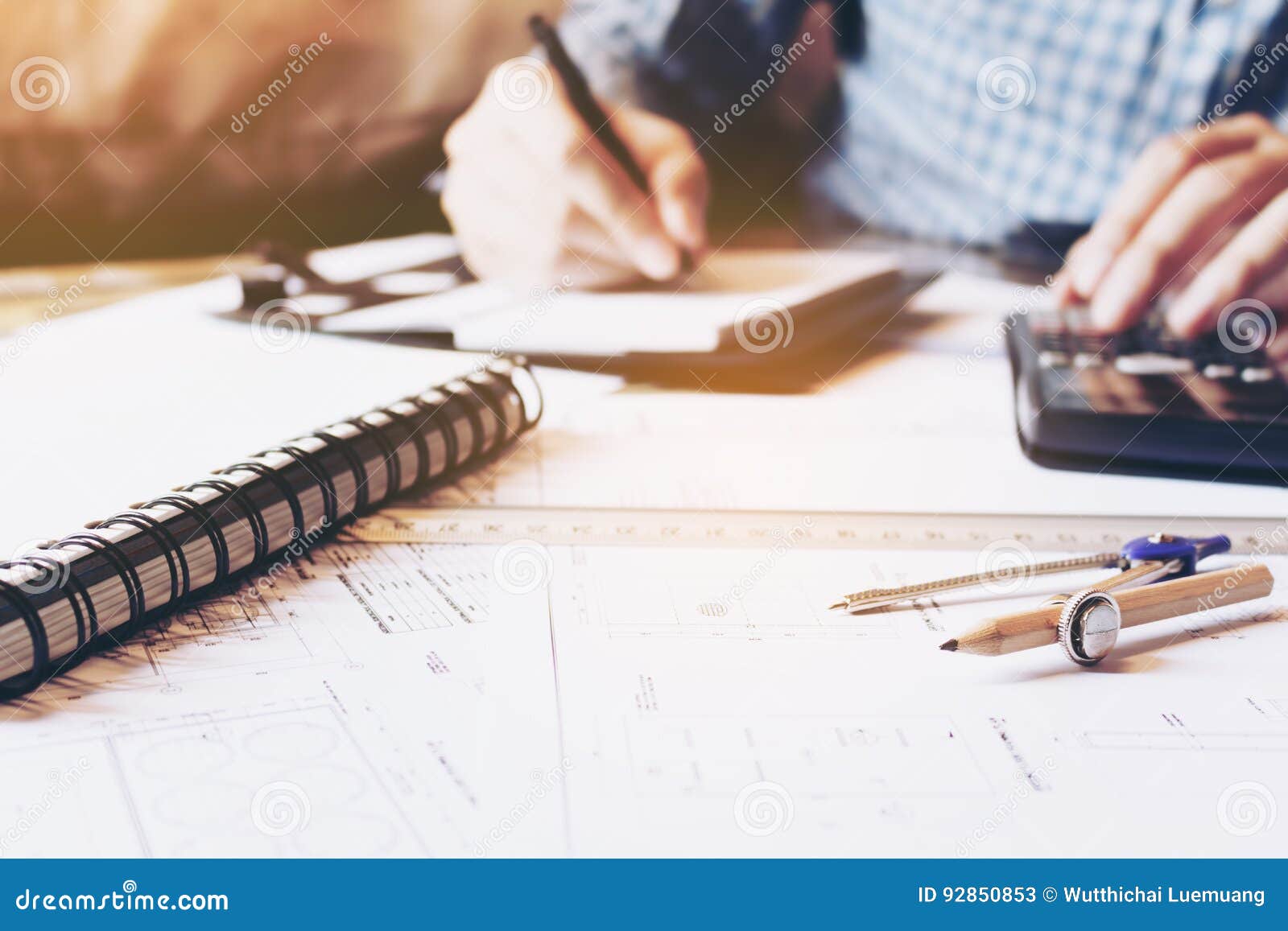 Architect Engineer Man Calculate Building Area with Equipment on Stock ...