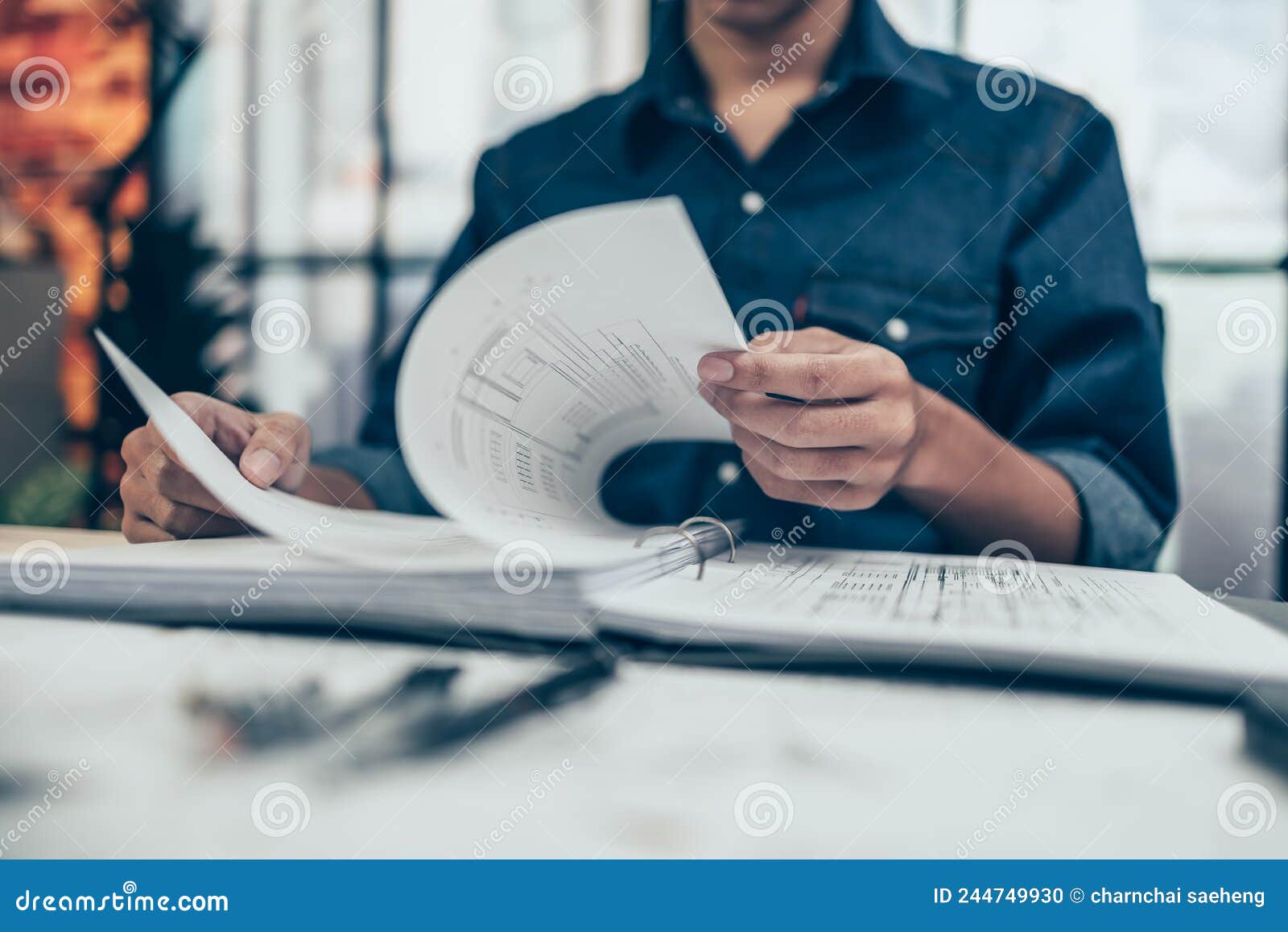 Architect Engineer Read Drawing Design Working on Blueprint. House ...