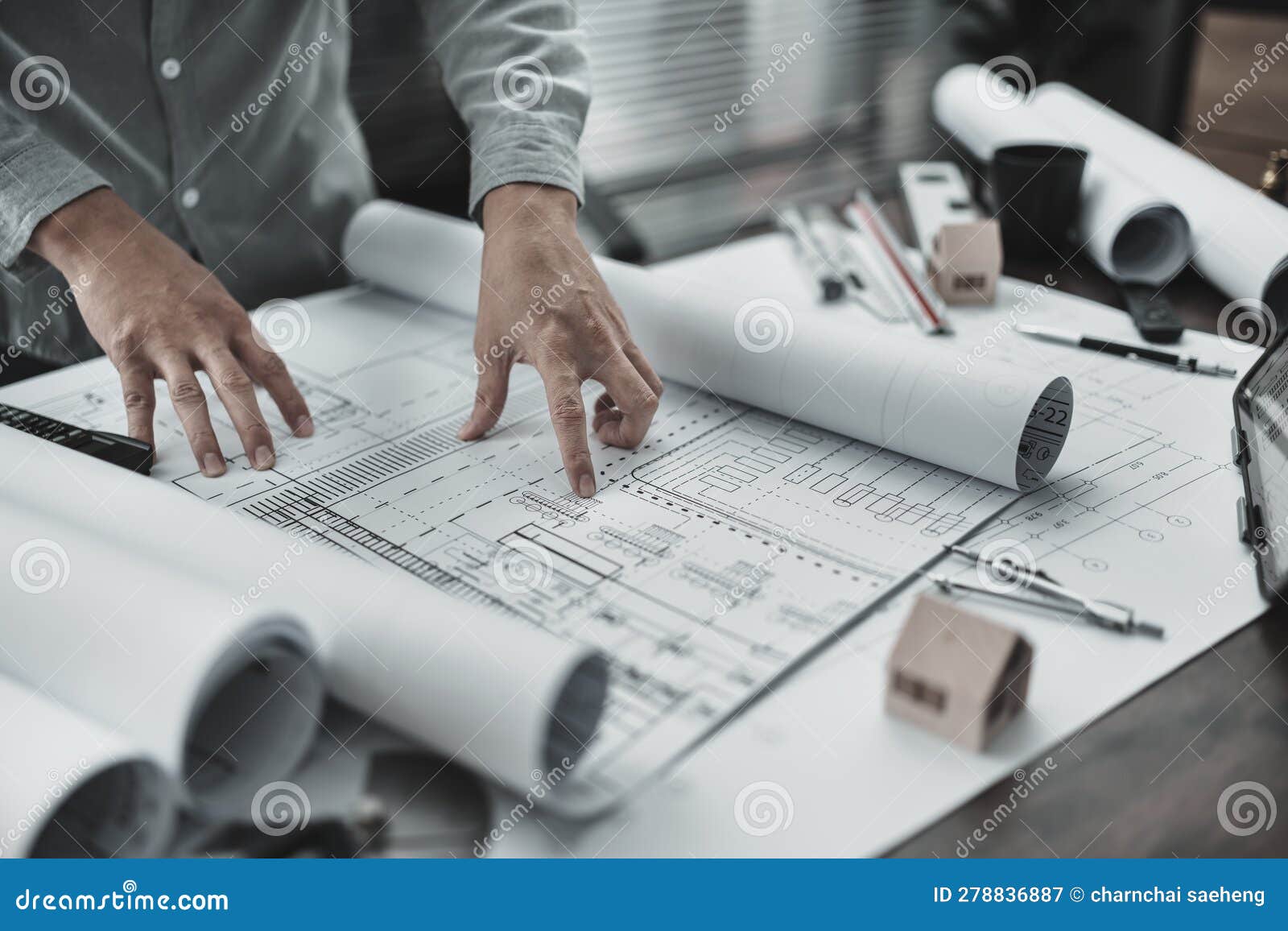 Architect Engineer Read Drawing Design Working on Blueprint. House ...