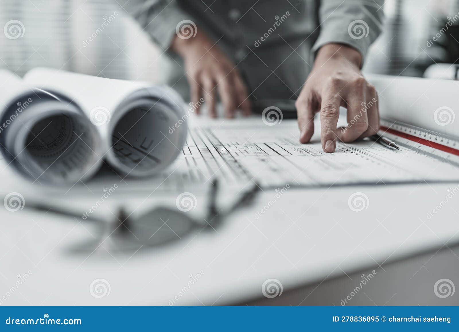 Architect Engineer Read Drawing Design Working on Blueprint. House ...