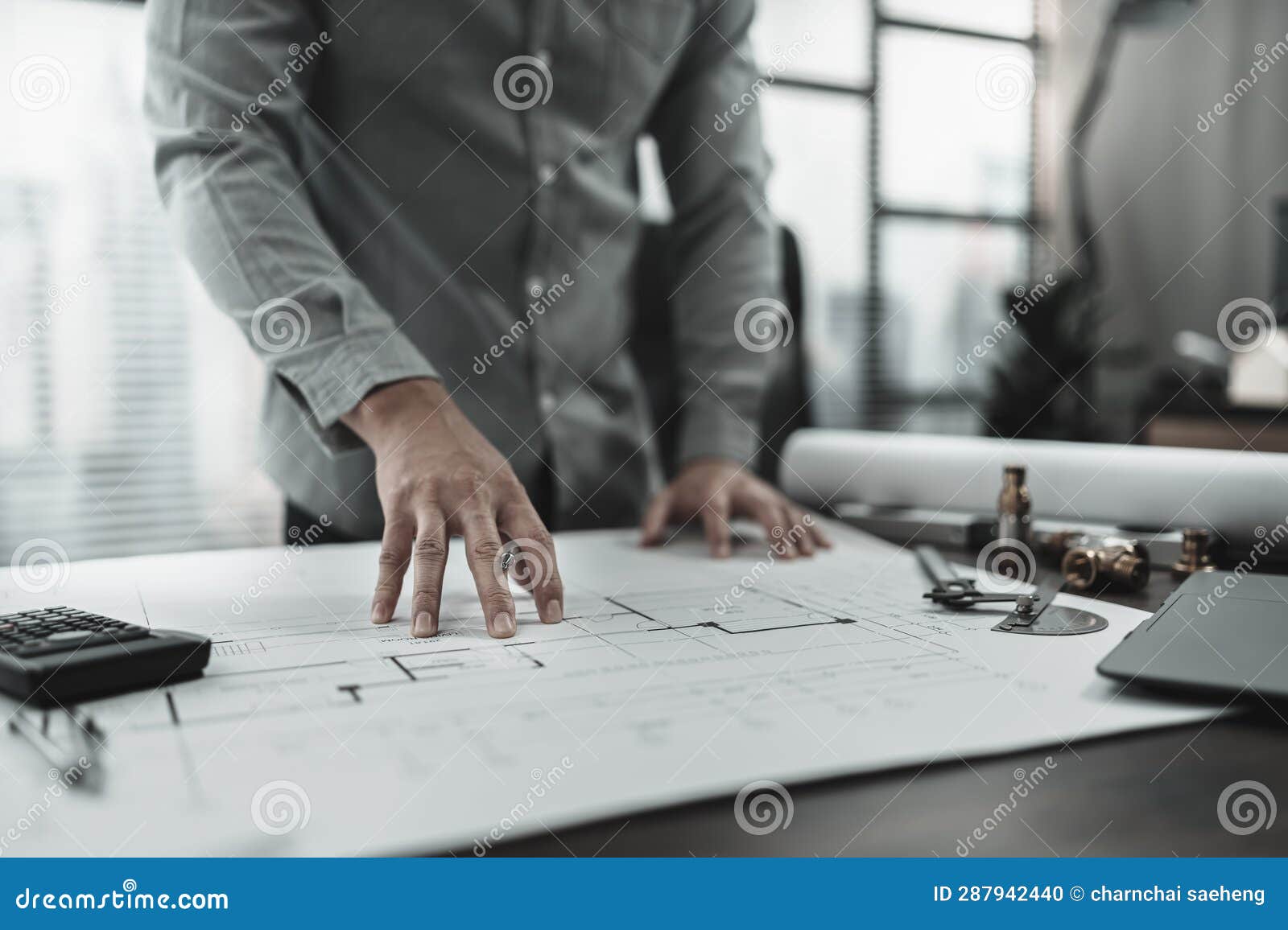 Architect Engineer Read Drawing Design Working on Blueprint. House ...