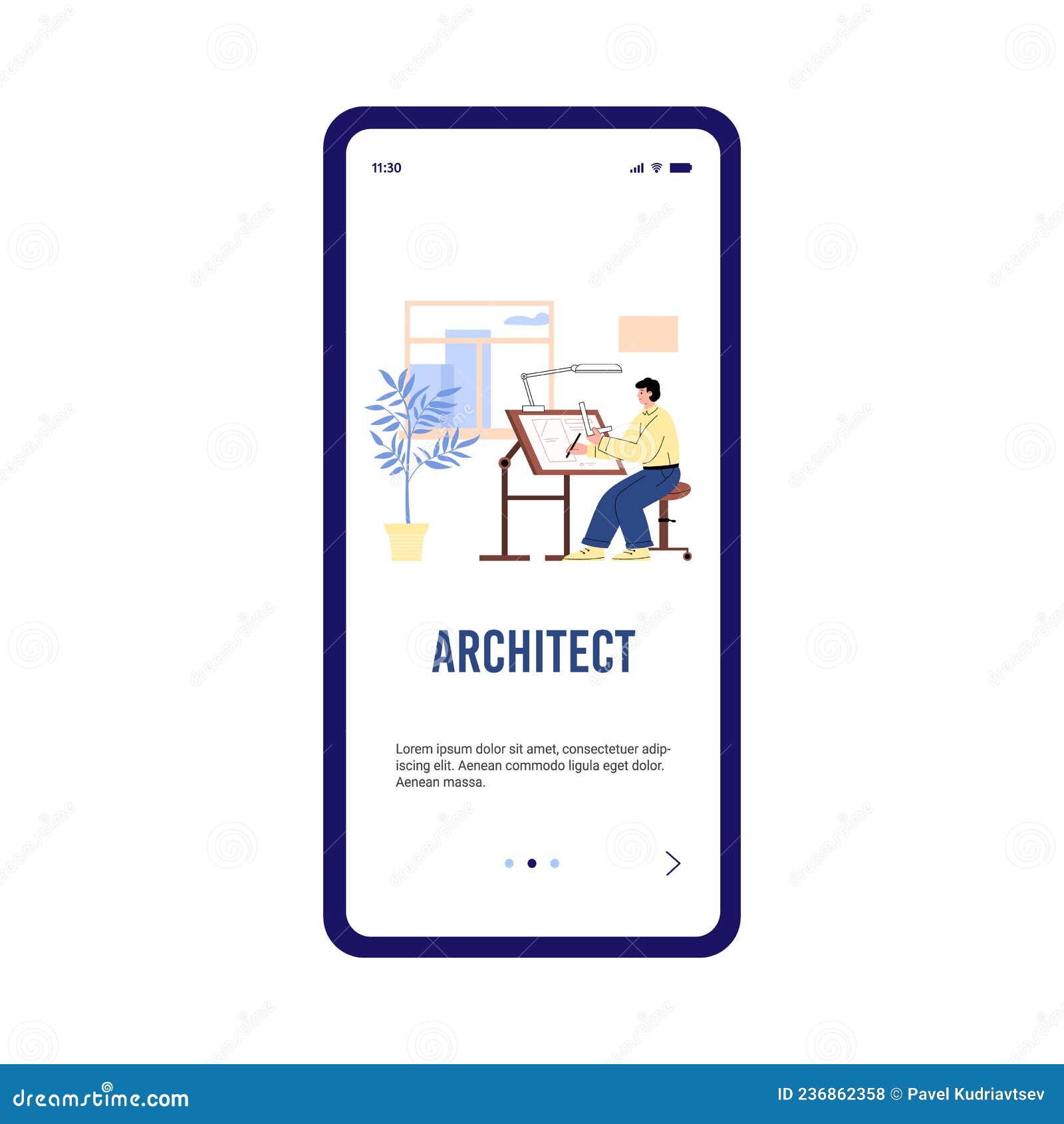 Architect or Engineer Sits by the Table and Draws Blueprint, App User ...