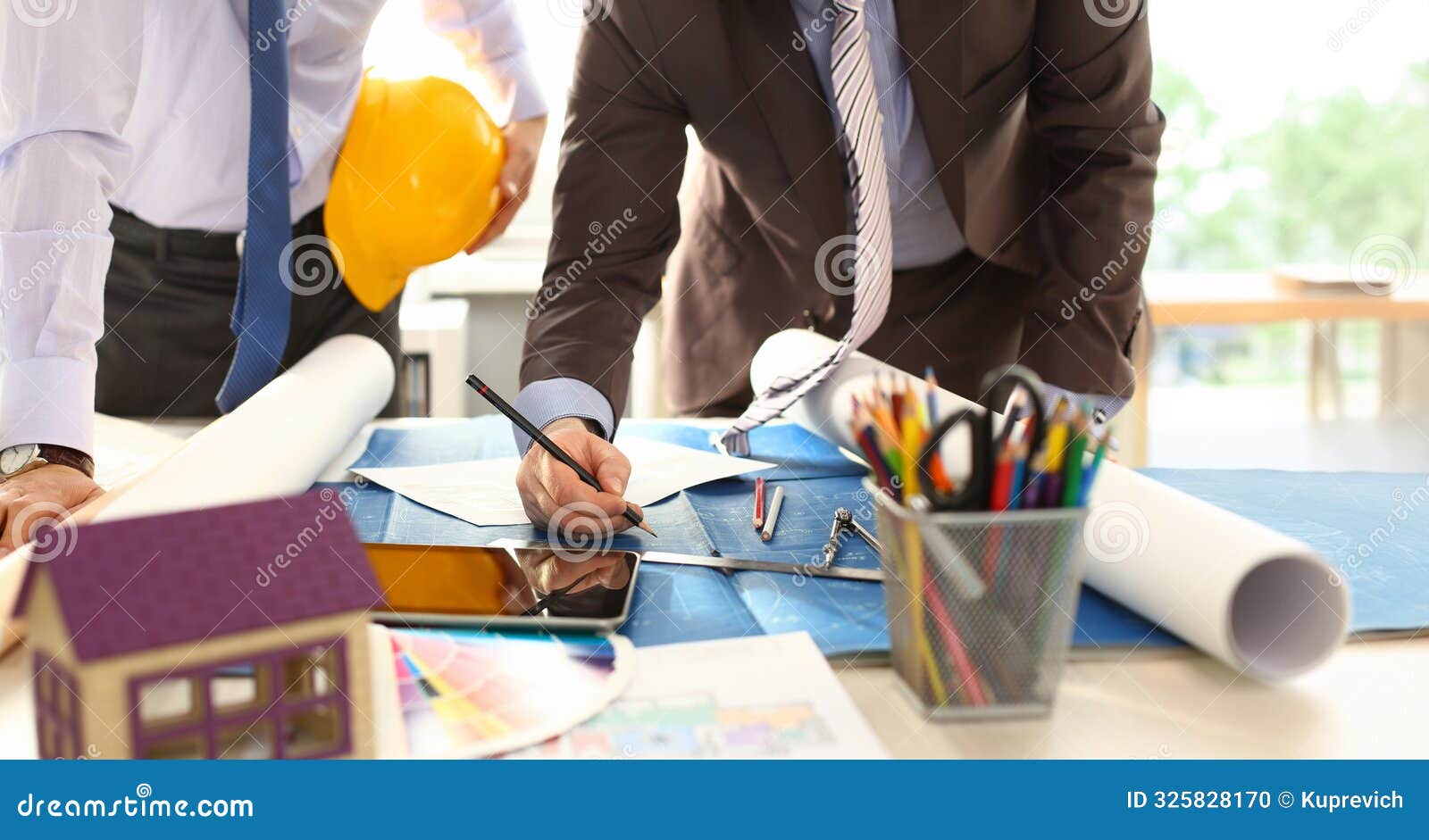 Architect Engineer Team Work on Building Draft Stock Photo - Image of ...