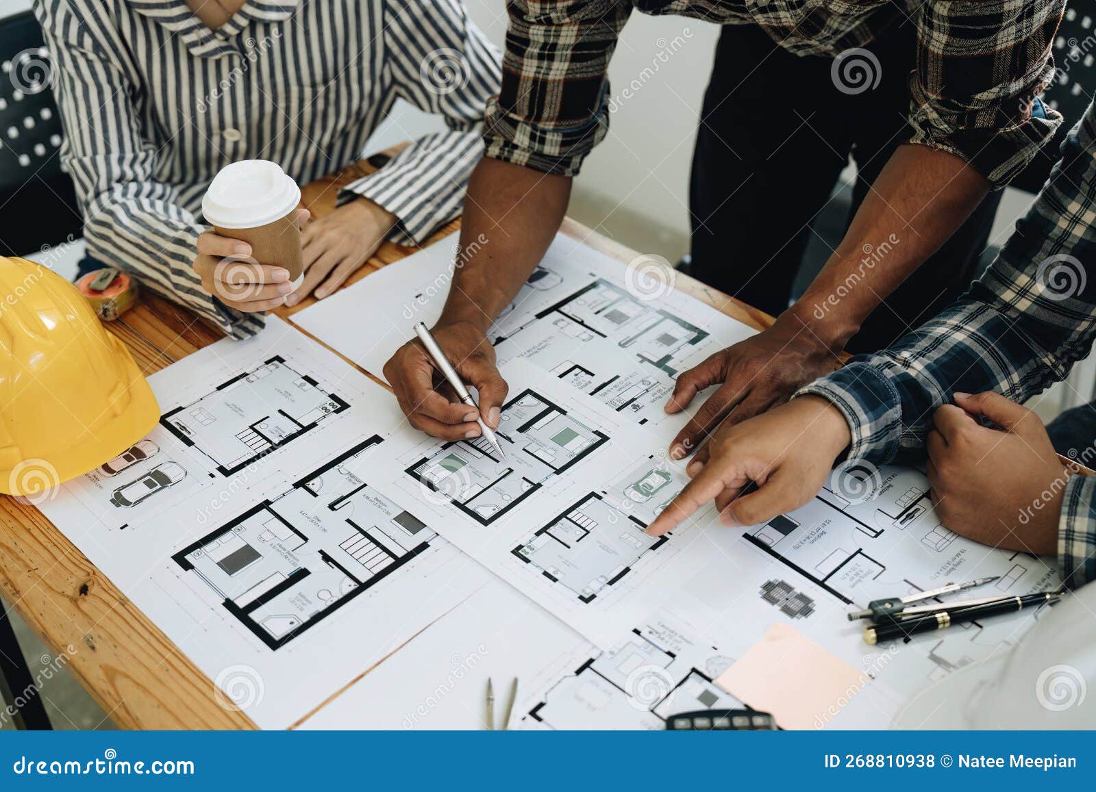 Architect and Engineer Team Working with Blueprints for Architectural ...