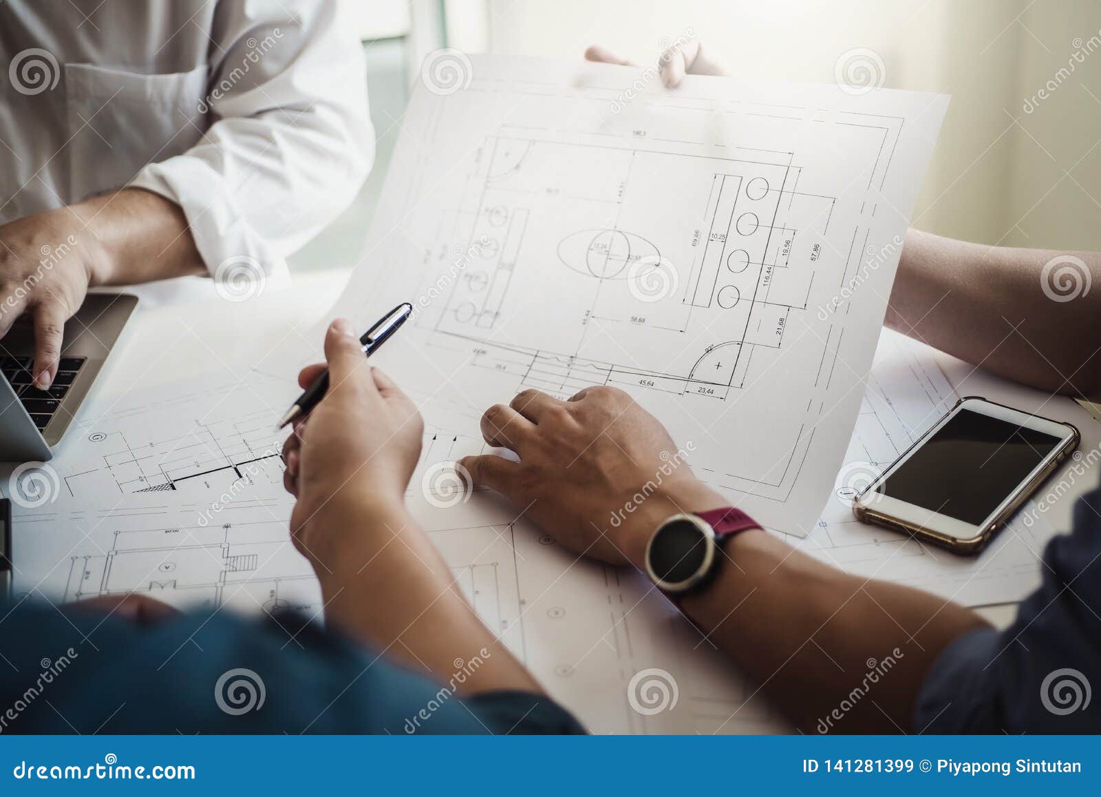 Architect or Engineer Team Working with Blueprints Building Plan Design ...