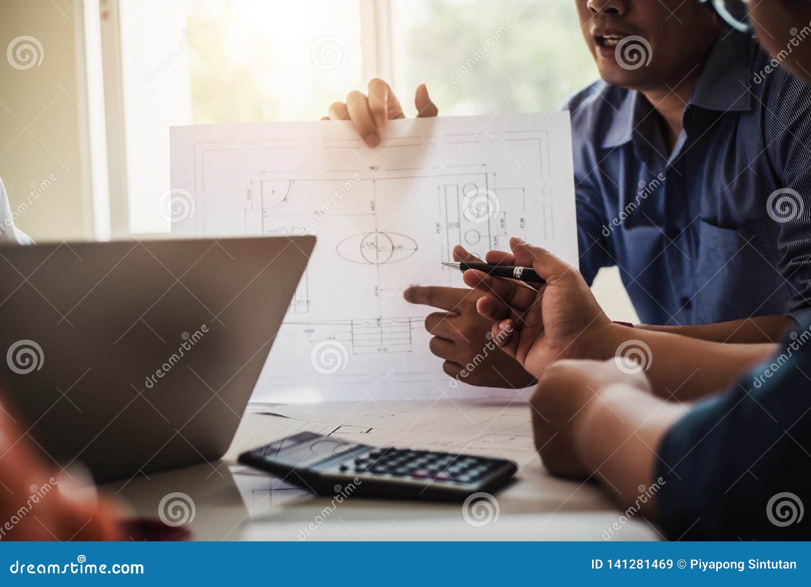 Architect or Engineer Team Working with Blueprints Building Plan Design ...