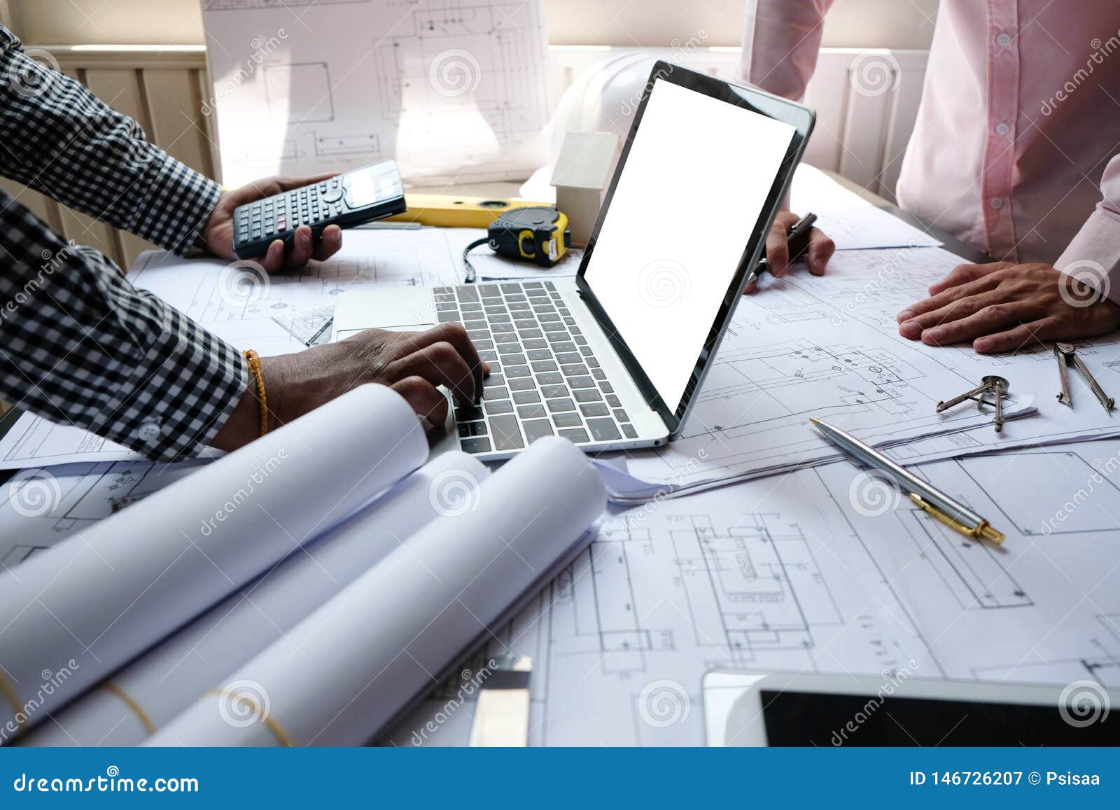 Architect Engineer Team Working on House Blueprint of Real Estate ...