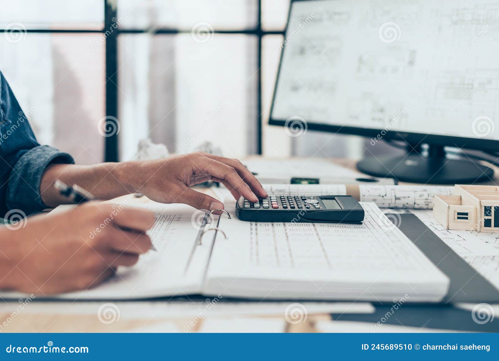 Architect Engineer Use Calculator for Calculate Drawing Design Working ...
