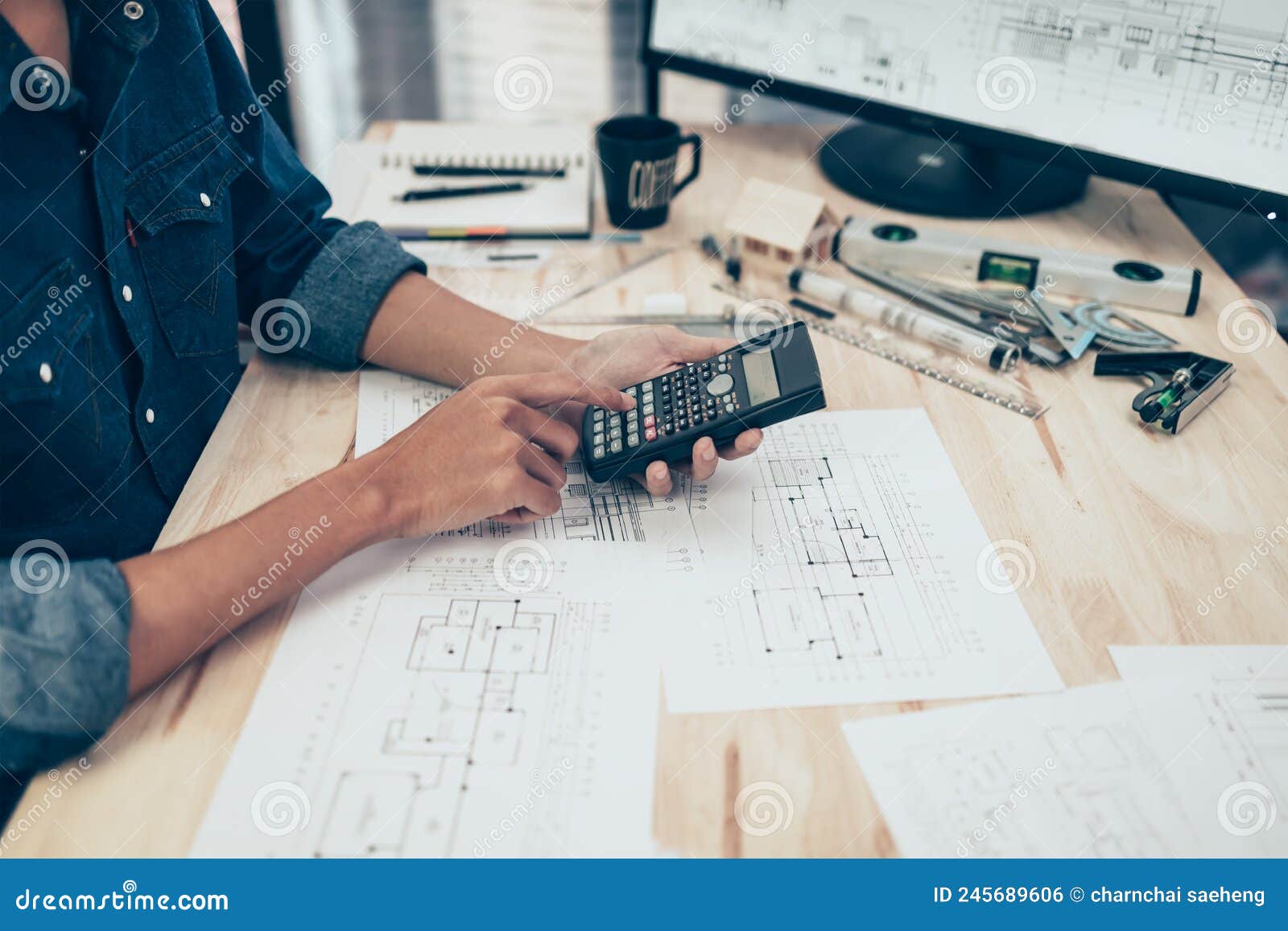 Architect Engineer Use Calculator for Calculate Drawing Design Working ...