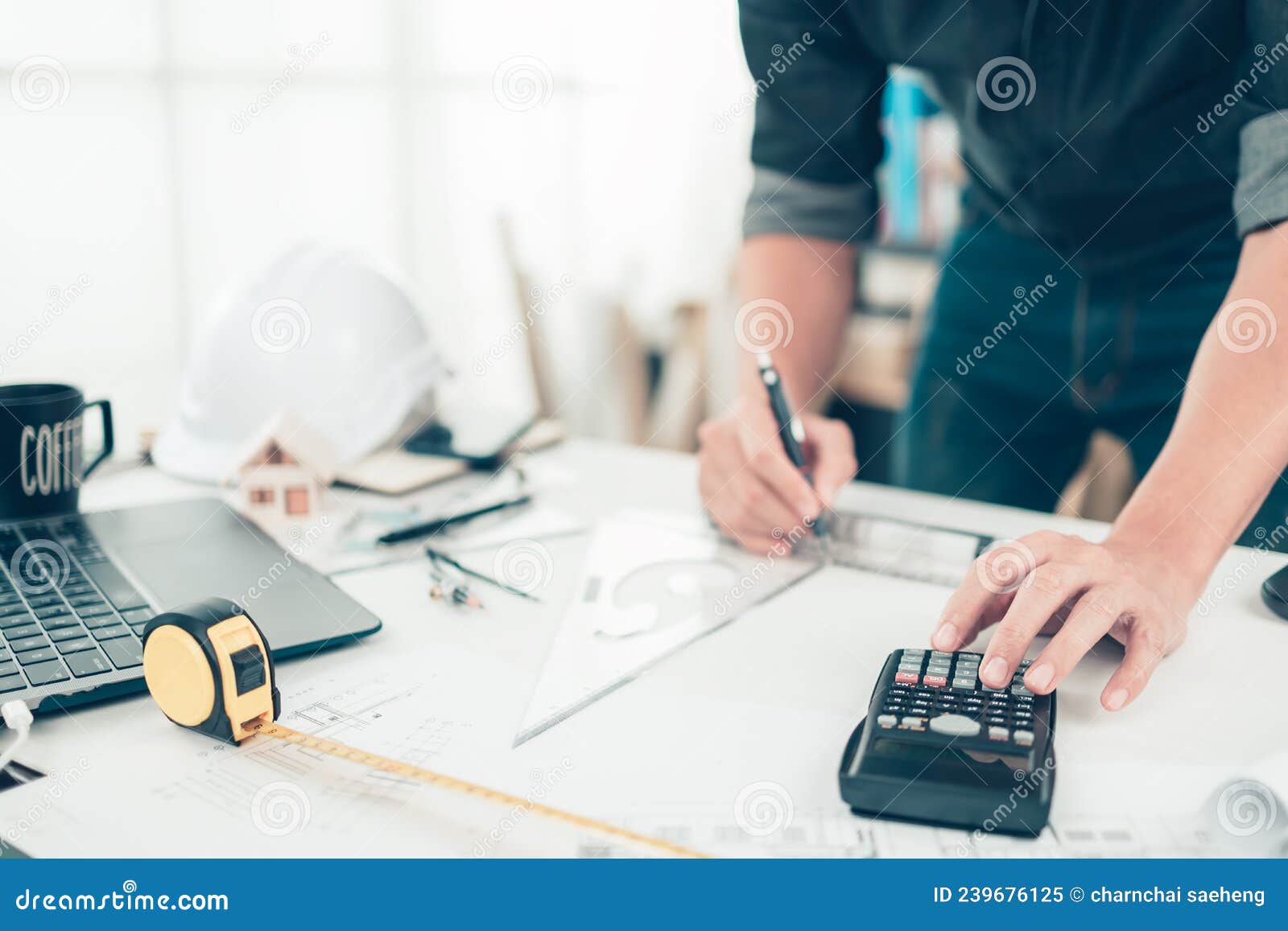 Architect Engineer Use Calculator for Calculate Drawing Design Working ...