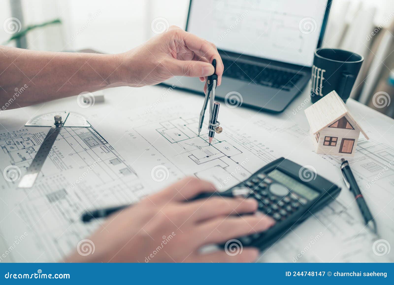 Architect Engineer Use Compass Drawing Design Working on Blueprint ...