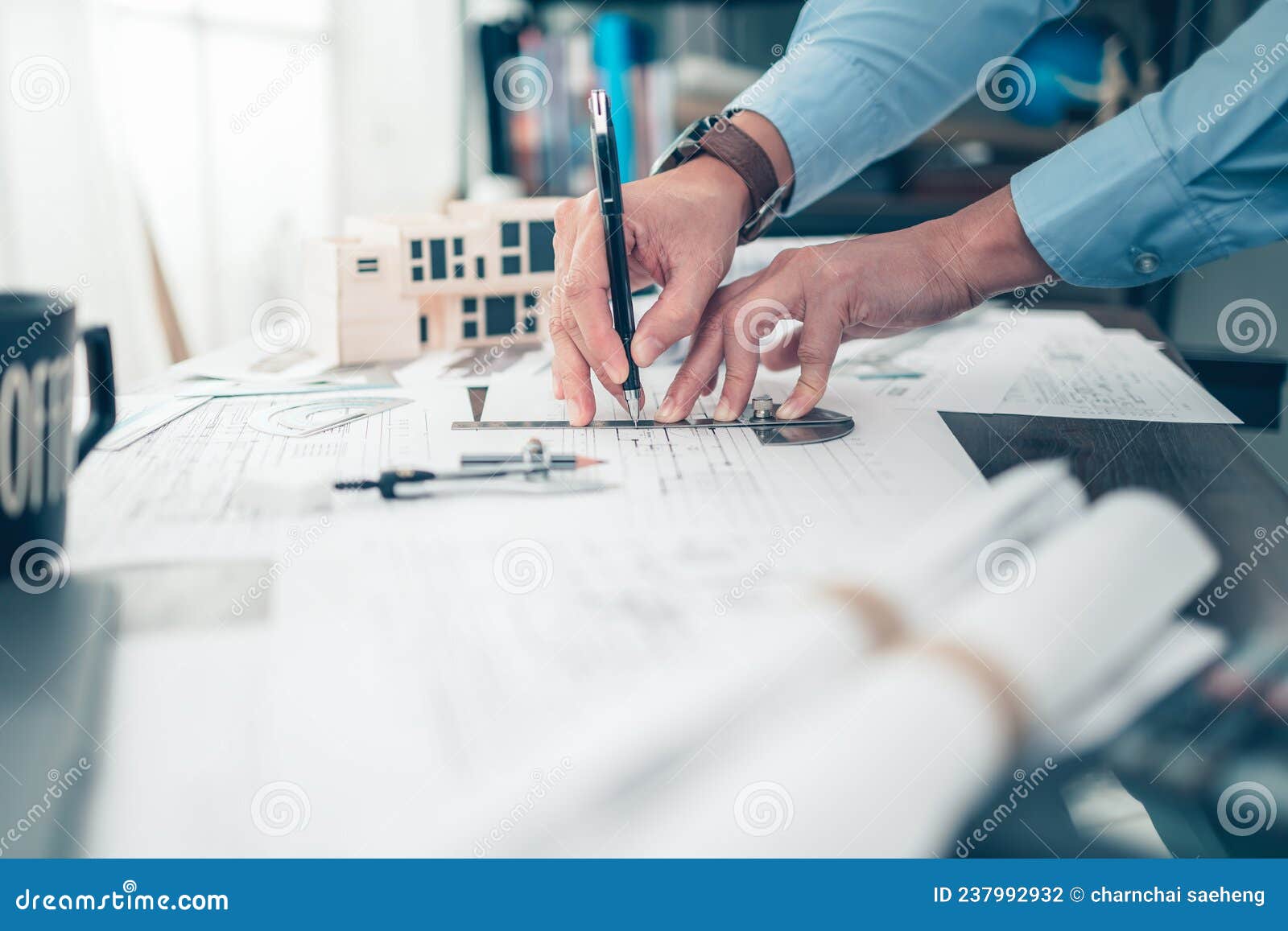 Architect Engineer Use Pen and Angle Protector Drawing Design Working ...