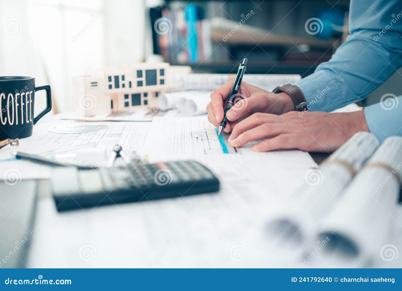 Architect Engineer Use Pen and Angle Protector Drawing Design Working ...