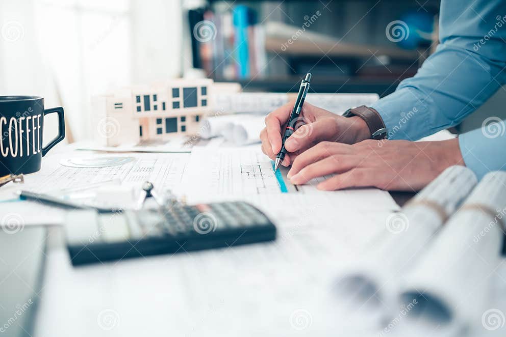 Architect Engineer Use Pen and Angle Protector Drawing Design Working ...