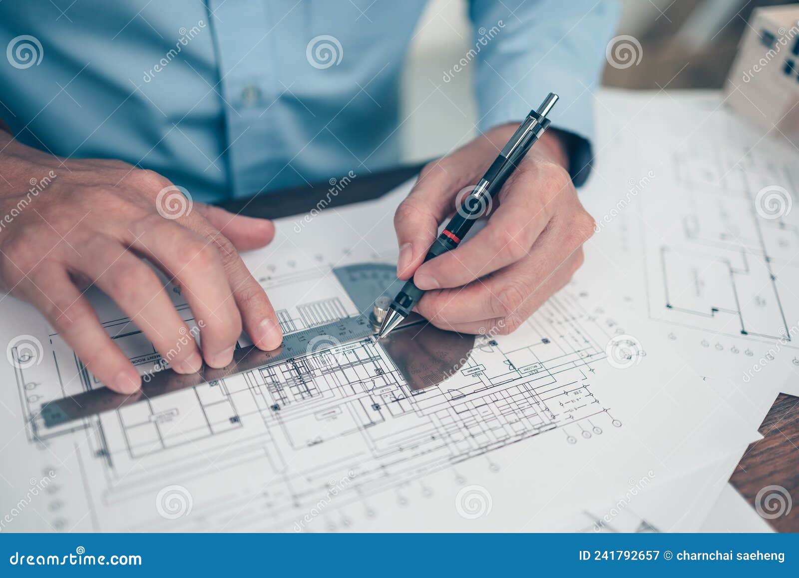 Architect Engineer Use Pen and Angle Protector Drawing Design Working ...