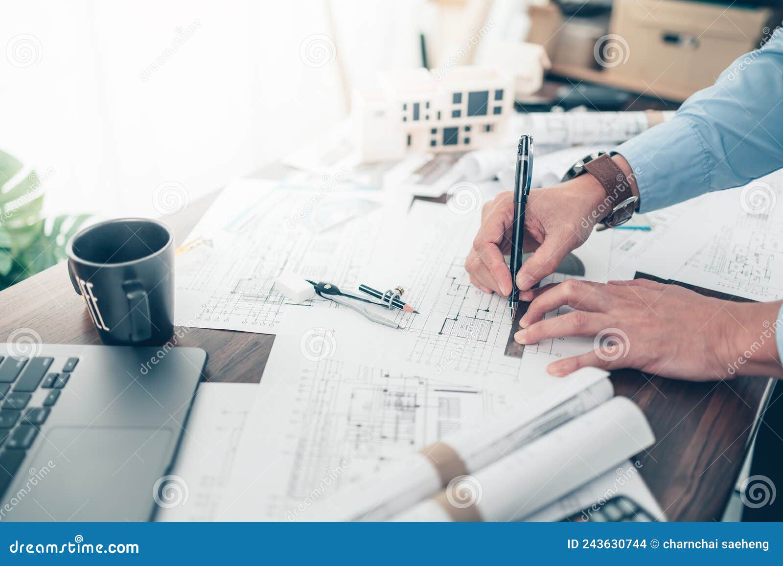 Architect Engineer Use Pen and Angle Protector Drawing Design Working ...