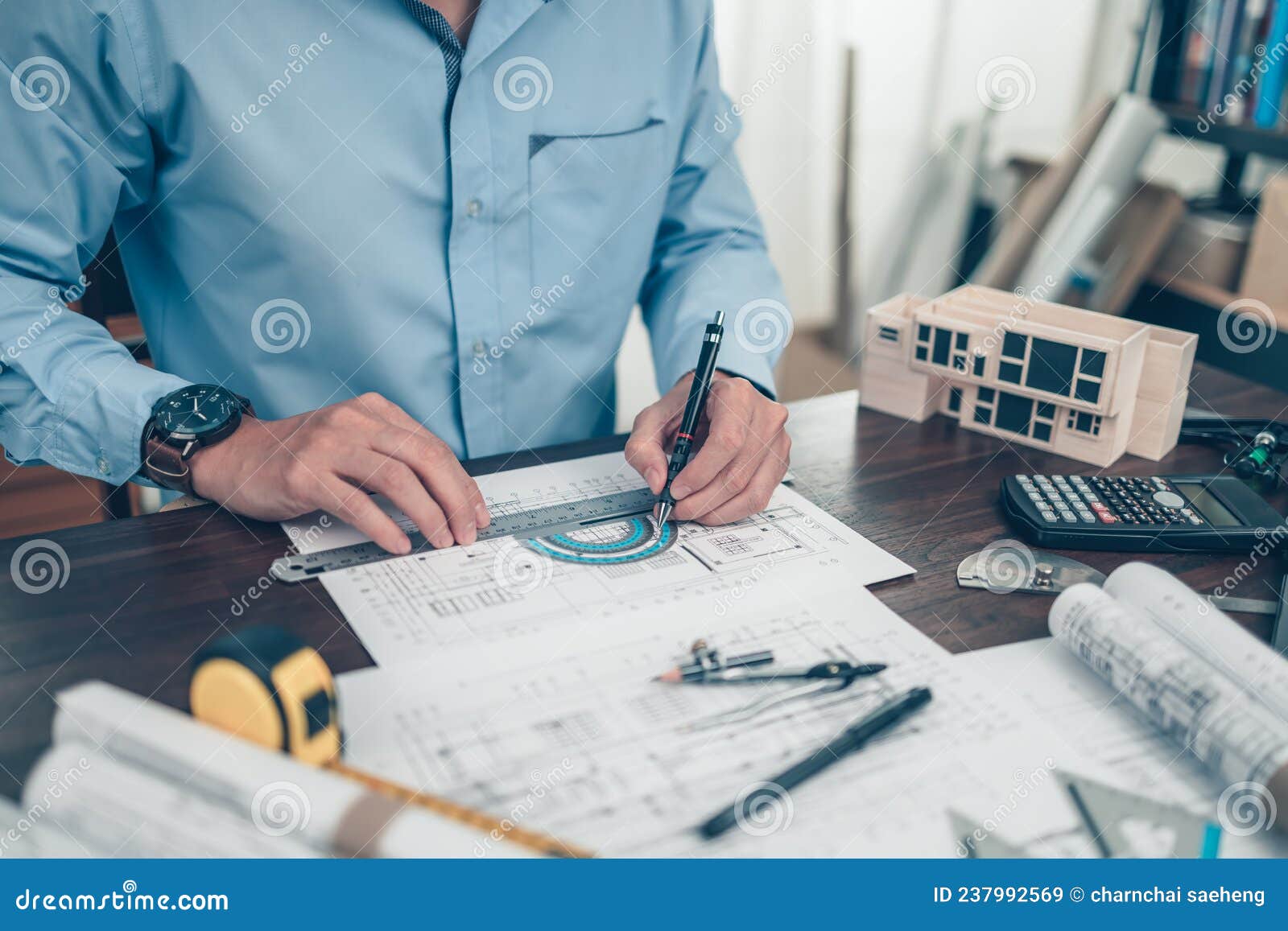 Architect Engineer Use Pen and Angle Protector Drawing Design Working ...