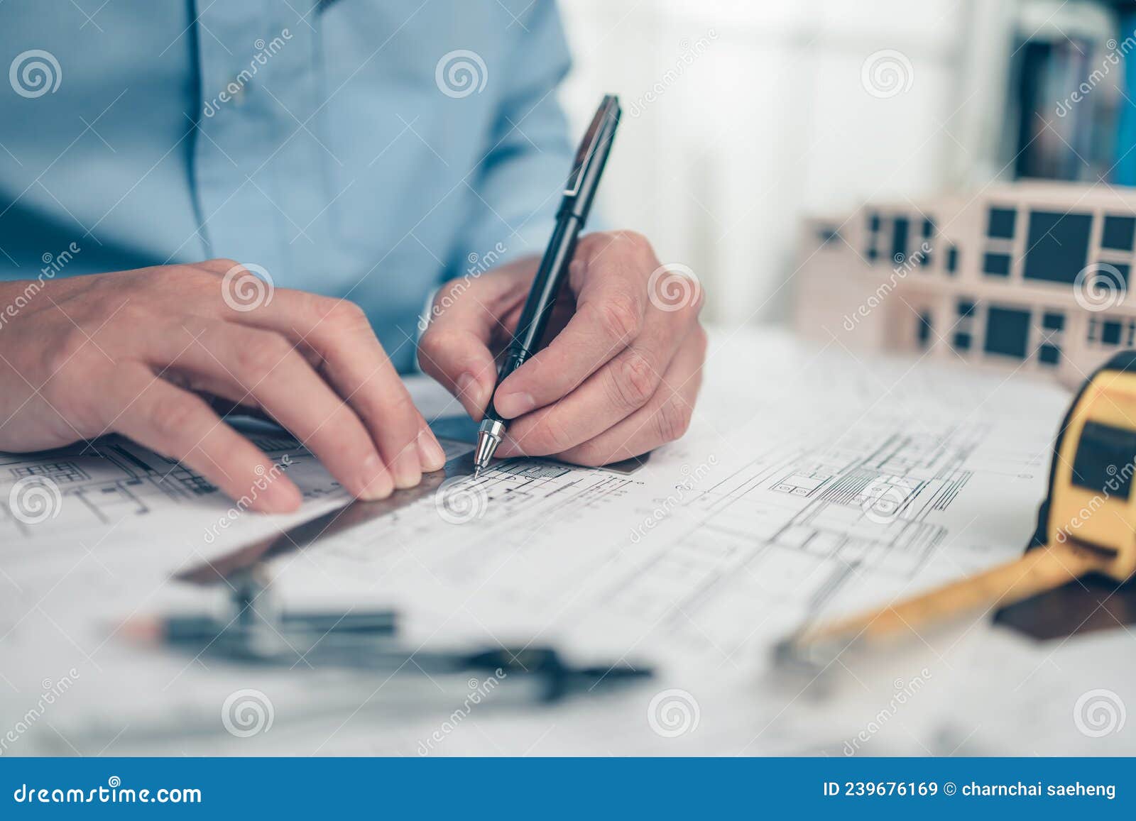 Architect Engineer Use Pen and Angle Protector Drawing Design Working ...