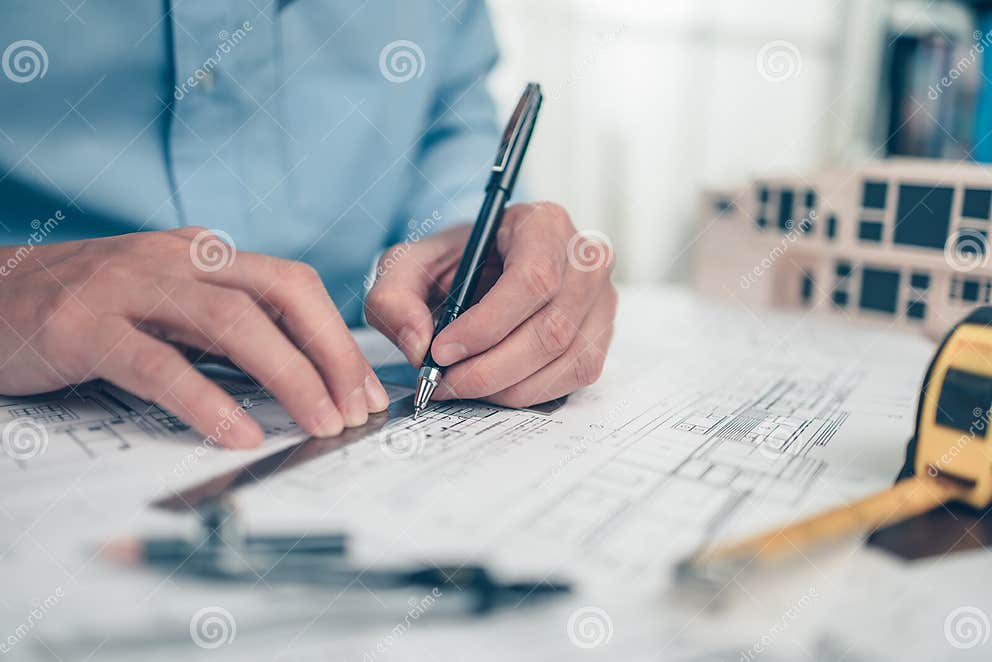 Architect Engineer Use Pen and Angle Protector Drawing Design Working ...