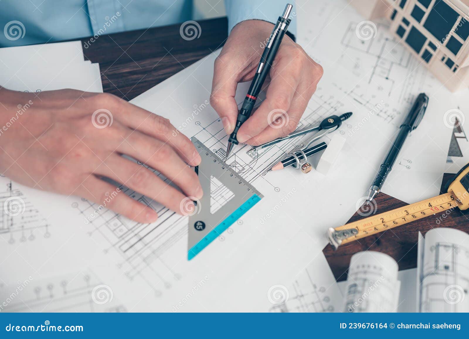 Architect Engineer Use Pen and Angle Protector Drawing Design Working ...