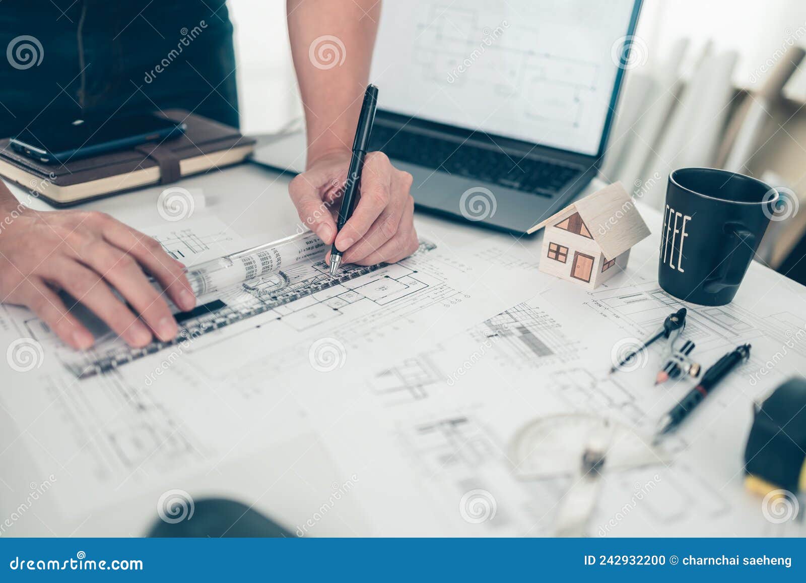 Architect Engineer Use Pen and Mini T-slide Drawing Design Working on ...