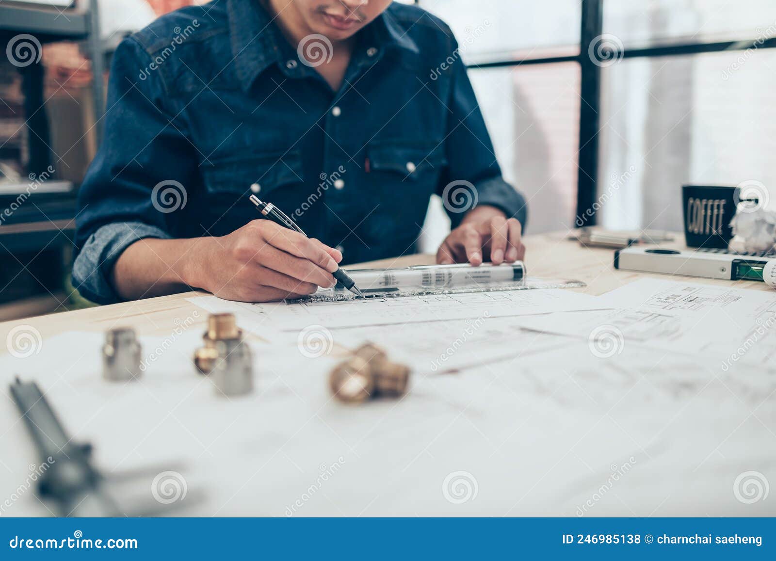 Architect Engineer Use Pen and Mini T-slide Drawing Design Working on ...