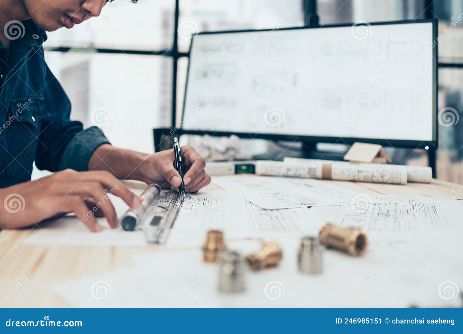 Architect Engineer Use Pen and Mini T-slide Drawing Design Working on ...