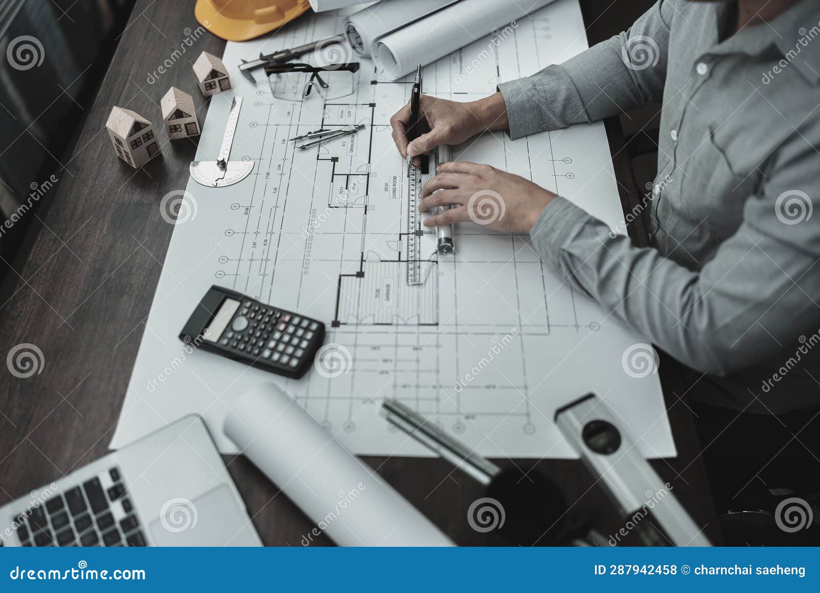 Architect Engineer Use Pen and Mini T-slide Drawing Design Working on ...