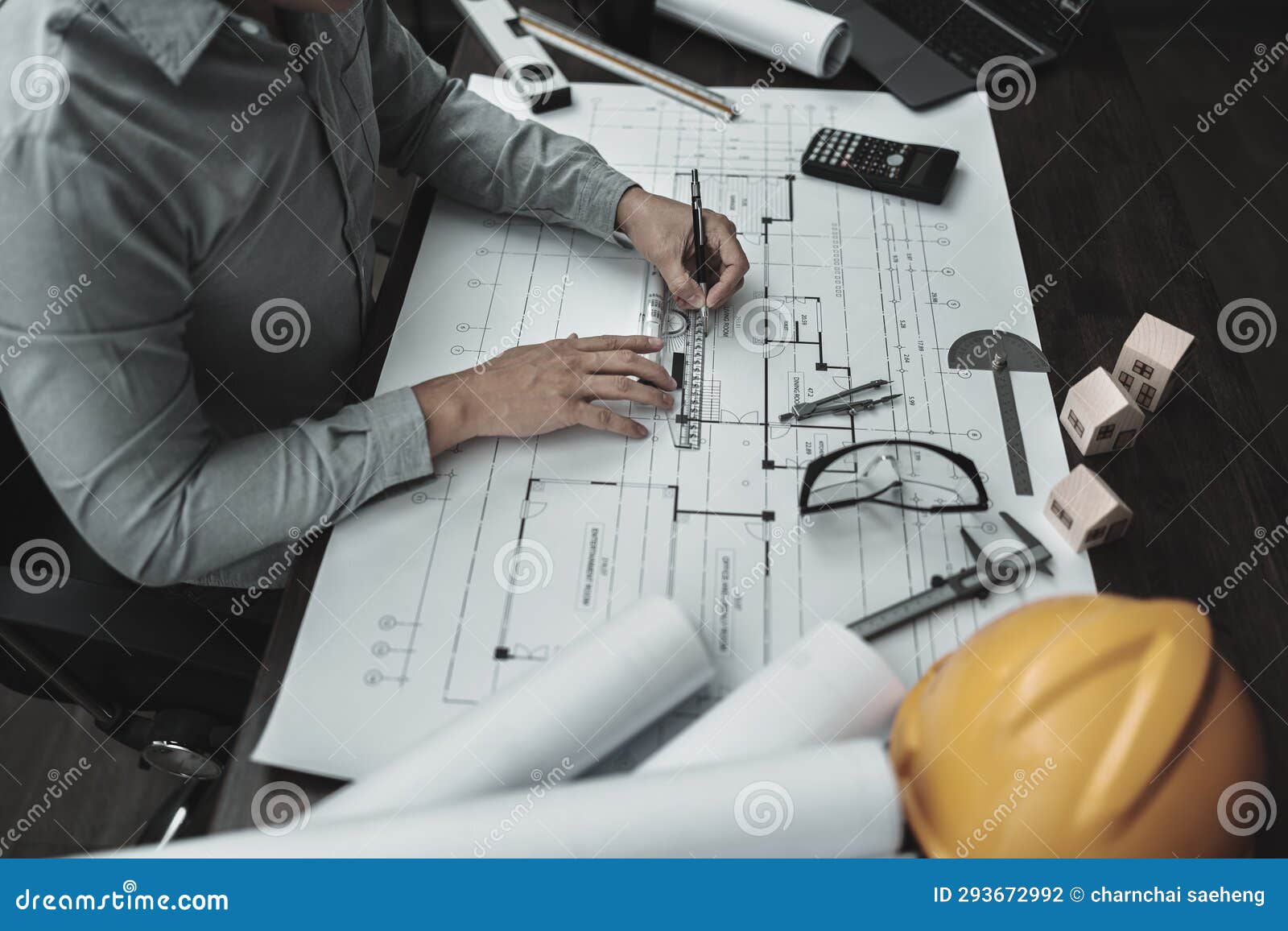 Architect Engineer Use Pen and Mini T-slide Drawing Design Working on ...