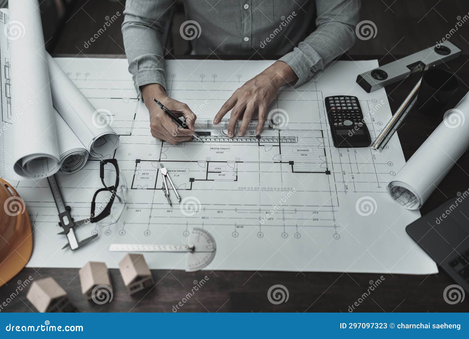 Architect Engineer Use Pen and Mini T-slide Drawing Design Working on ...