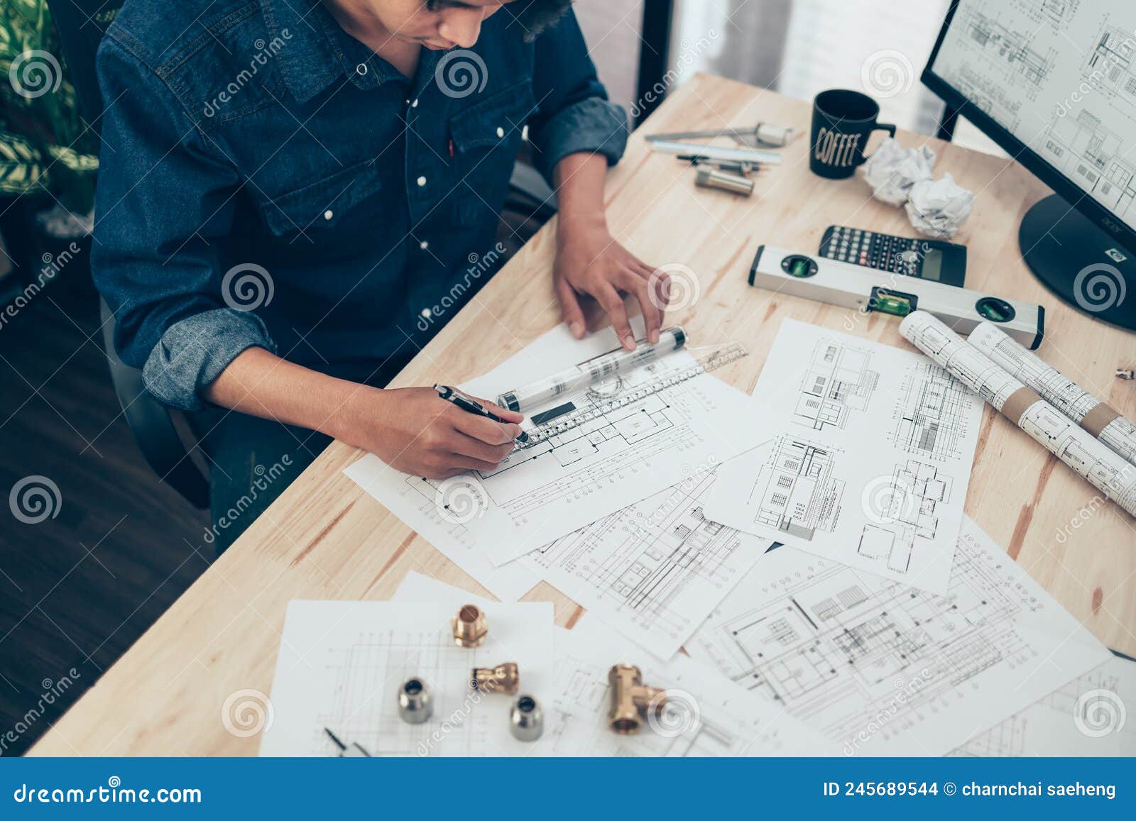 Architect Engineer Use Pen and Mini T-slide Drawing Design Working on ...